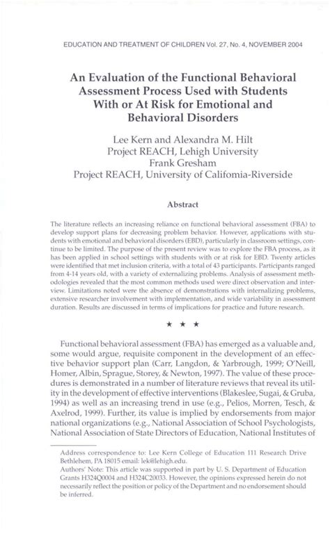 Pdf An Evaluation Of The Functional Behavioral Assessment Process