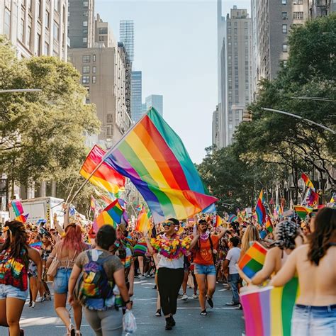 Colorful And Vibrant Pride Parade With Rainbow Flags In The City Ai