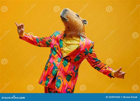 Freak In Capybara Mask Dancing Masquerade Absurd Carnival Having Fun In Costume Party Weird