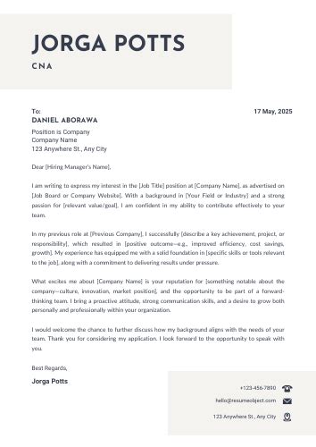 Cna Cover Letter Examples Sample Format Resume Object