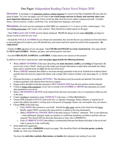One Pager Independent Reading 2020 Kc One Pager Independent Reading
