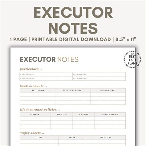 Executor Notes Printable Pdf Estate Executor Notes Will Executor Notes Digital Download Estate