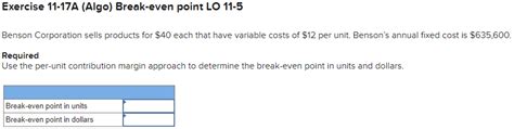 Solved Exercise A Algo Break Even Point LO Chegg