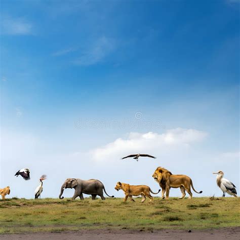 Ai Generated Safari Scene With Elephants Lions Birds And Vultures In