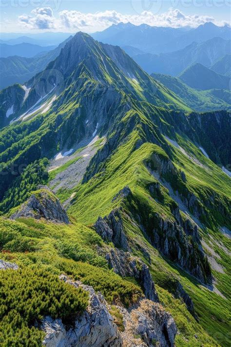 Scenic Mountain Ridge Stretches Toward Distant Peaks Green Grass And