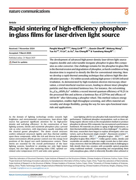 Pdf Rapid Sintering Of High Efficiency Phosphor In Glass Films For Laser Driven Light Source