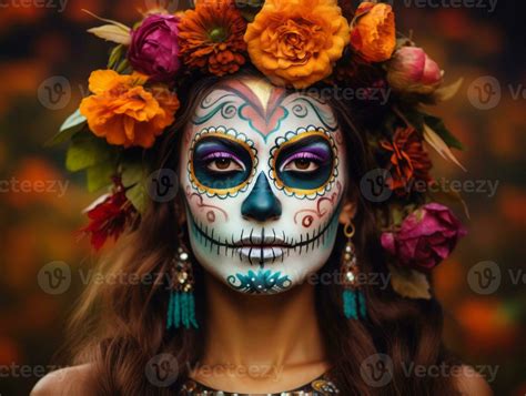 Woman In Vibrant Calavera Makeup Celebrates The Day Of Dead Ai