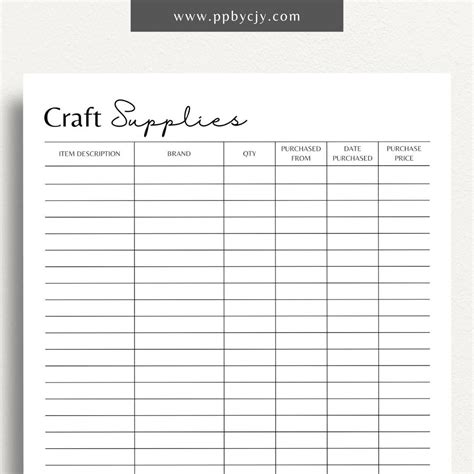 Craft Supplies Inventory Printable Template Track Stock And Reorder