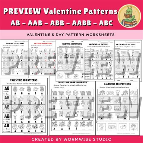 Valentine Patterns Worksheets Ab Aab Abb Aabb And Abc Preschool
