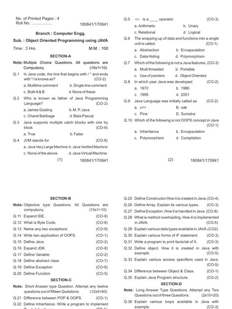 Computer 4 Sem Object Oriented Programming Using Java 180841 Jul 2022 Pdf