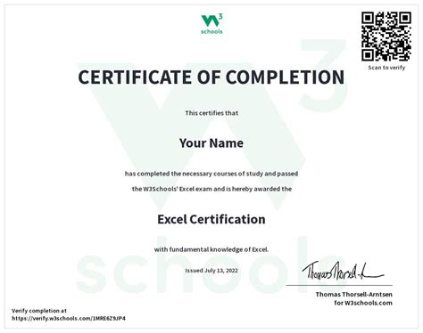 W3schools Excel Certificate