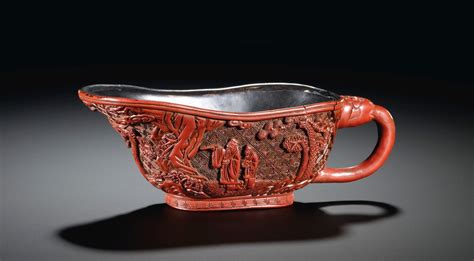 A Cinnabar Lacquer Pouring Vessel China Ming Dynasty 16th Century 18 2cm 明十六世紀 剔紅「人物圖」匜 Cup