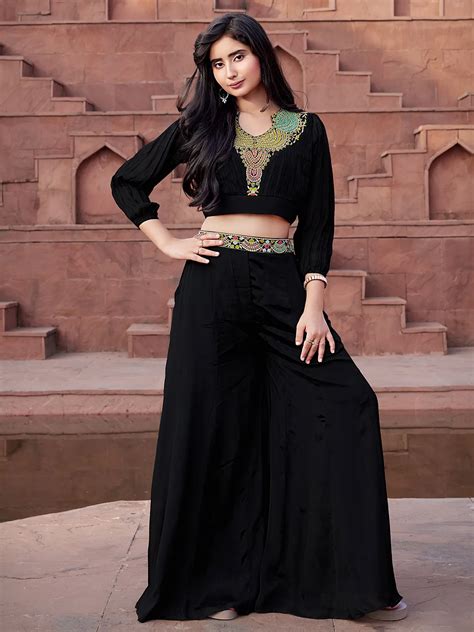 Stunning Black Crop Top Palazzo Suit G3 Gss3196 United States