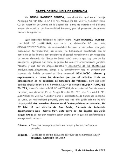 Carta De Renuncia De Herencia Sra Belgica Pdf Herencia Justicia