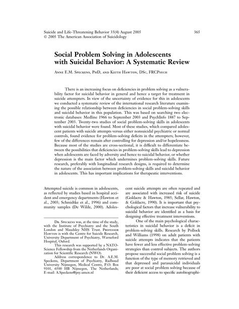 Pdf Social Problem Solving In Adolescents With Suicidal Behavior A Systematic Review