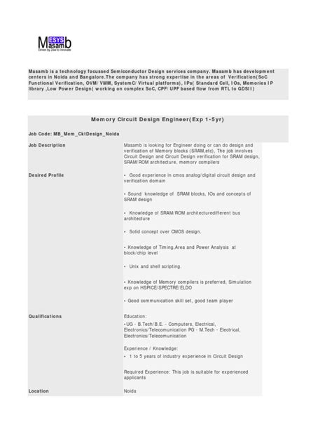 Design Engineer Memory Circuit Design Pdf System On A Chip