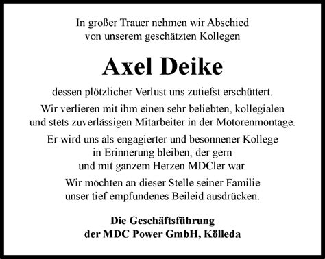 Traueranzeigen Von Axel Deike Trauer In Thueringen De
