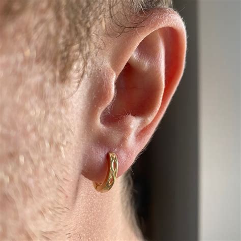 Mens Hoop Earrings Mens Patterned Gold Hoops 12mm Mens Silver Huggie
