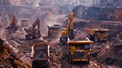 Heavy Machinery Digging At A Mining Site With Large Trucks And