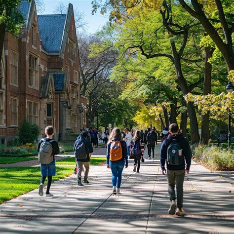 University Life A Busy College Campus With Students Walking To Classes