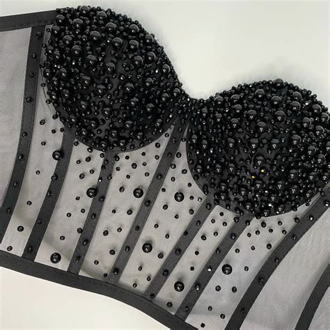 Black Beaded Corset Top Sheer Mesh Gothic Glam Partywear Etsy