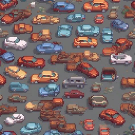 Pixel Art Showcasing A Bustling Parking Lot Filled With Classic Cars