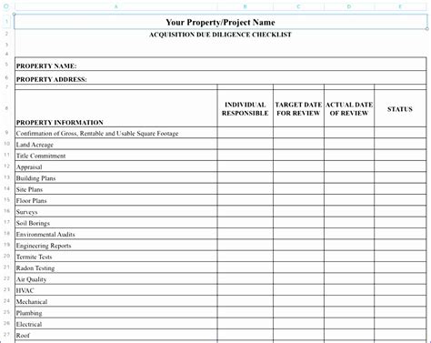 Excel Due Diligence Checklist Template