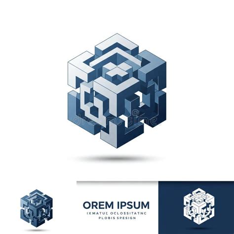 Geometric 3d Cube Shape Composed Of Interlocking Dark Blue And White Segments Stock