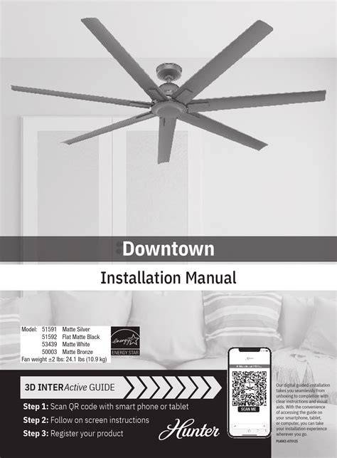 Hunter Downtown Ceiling Fan Installation Manual Models 51591 51592