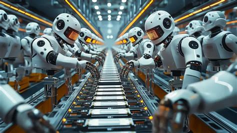 Industrial Robots Work Synchronously On A Conveyor Belt Skillfully