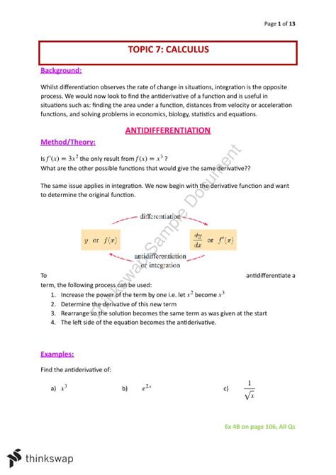 Integration Notes Mathematical Methods Year 12 Sace Thinkswap