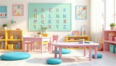 Vibrant Pastel Kindergarten Classroom With Sunny Lighting And Playful