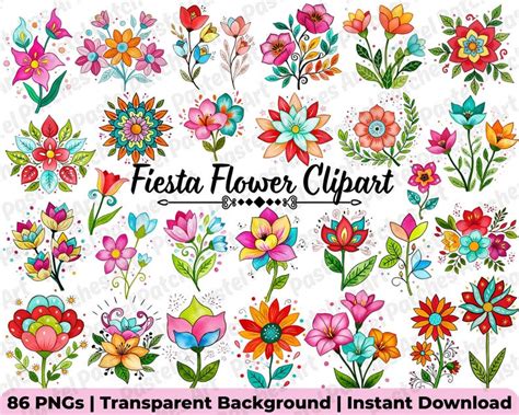 Fiesta Flower Clipart Bundle Mexican Folk Art Floral Png For Cinco De