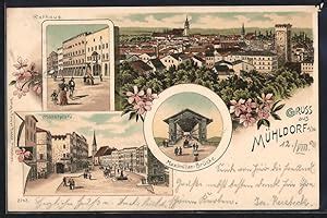 Lithographie Mühldorf A Inn Ortsansicht Rathaus Marktplatz