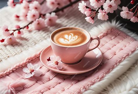 Premium Photo Hot Coffee With Cherry Blossom