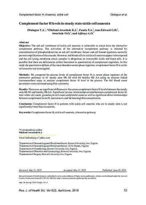 Pdf Complement Factor H Levels In Steady State Sickle Cell Anaemia
