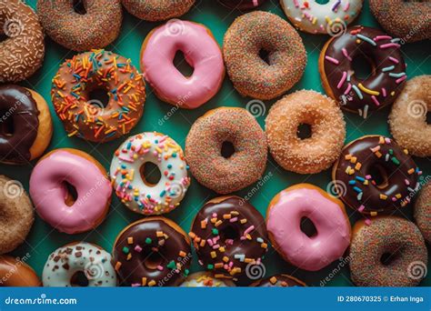 Colourful Donuts Background Top View Of Assorted Glazed Donuts Stock