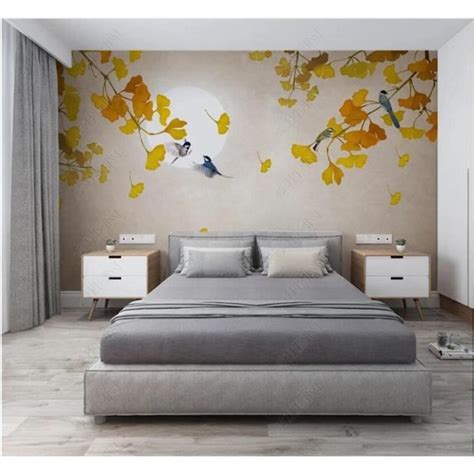 Papier Peint Paysage Classique Doiseau De Feuille De Ginkgo Jaune