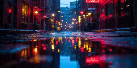 Dark Alley In A Noir Cityscape With Neon Reflections On Wet Pavement