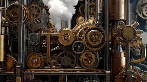 Elaborate Steampunk Device Gears Brass Parts And Steam Rendered In