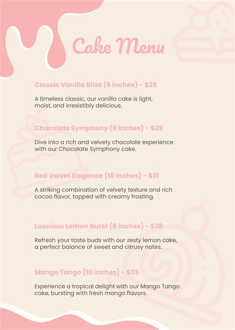 Free Cake Menu Template To Edit Online