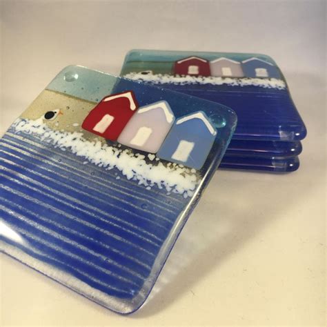 Set Of 4 Handmade Fused Glass Coasters Beach Hut Seaside Nautical