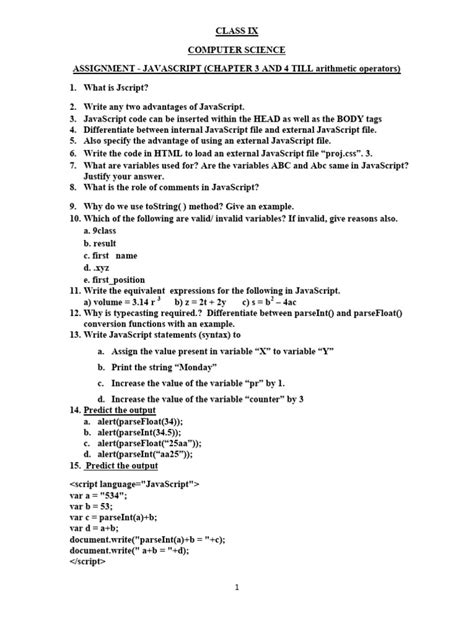 Class Ix Comp Sc Assignment On Javascript Chpater 3 And 4 Till