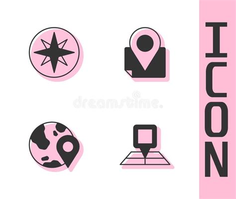 Set Folded Map With Location Marker Wind Rose Location The Globe And