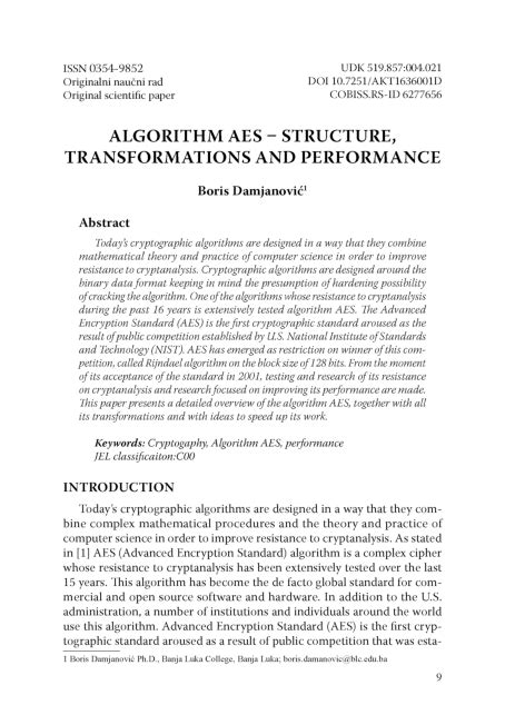 Pdf Algorithm Aes Structure Transformations And Performance