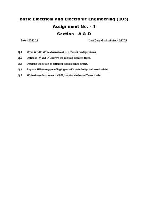 Basic Electrical And Electronic Engineering 105 Assignment No 4