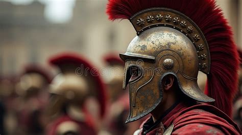 Close Up Of Ancient Warrior Wearing Detailed Assyrian Helmet Stock