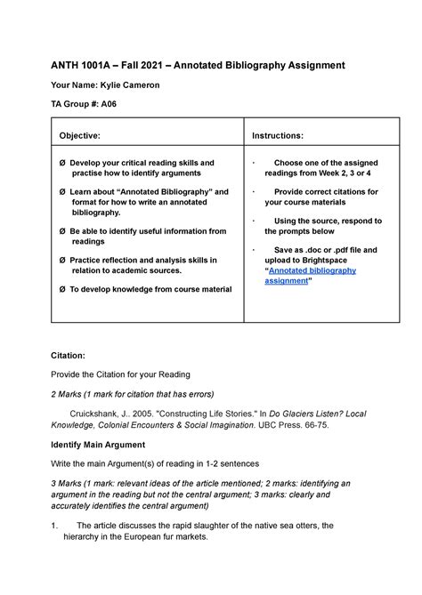 Anth 1001a Fall 2021 Annotated Bibliography Assignment Anth 1001a Fall 2021 Annotated