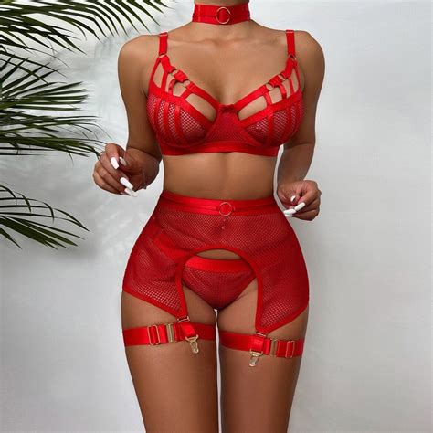 Red Lingeries Set Lingerie Set With Garters Lace Lingerie Etsy
