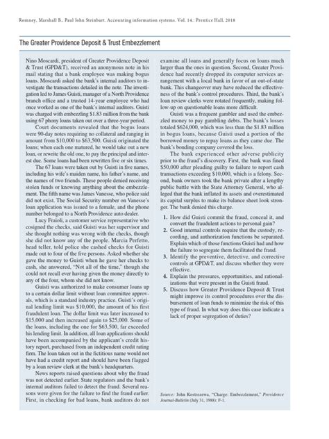 Case Assignment 2 The Greater Providence Deposit Trust Embezzlement